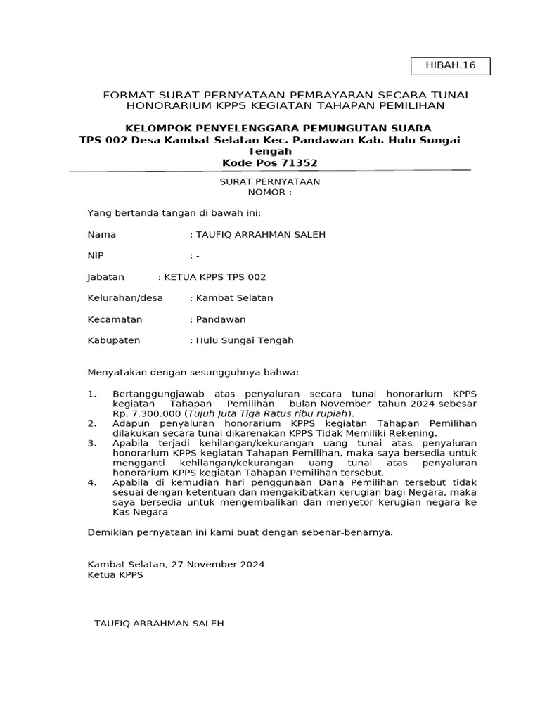 Surat Pernyataan KPPS (Format Hibah 16) 002 | PDF