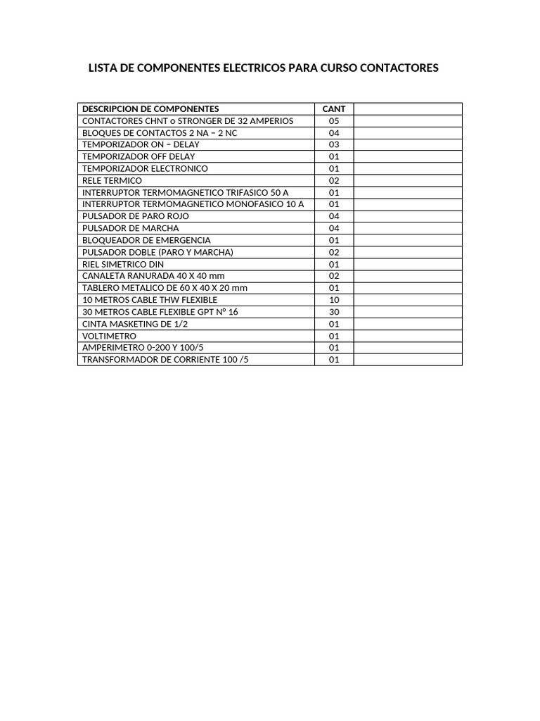 Lista de Componentes Electricos para Curso Contactores | PDF