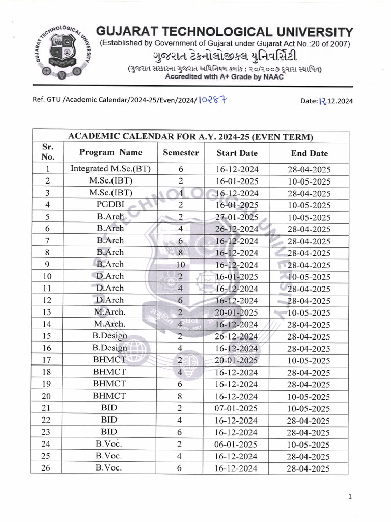 Academic Calender A.y.2024-25 (Even Term) (1) - 551315 | PDF