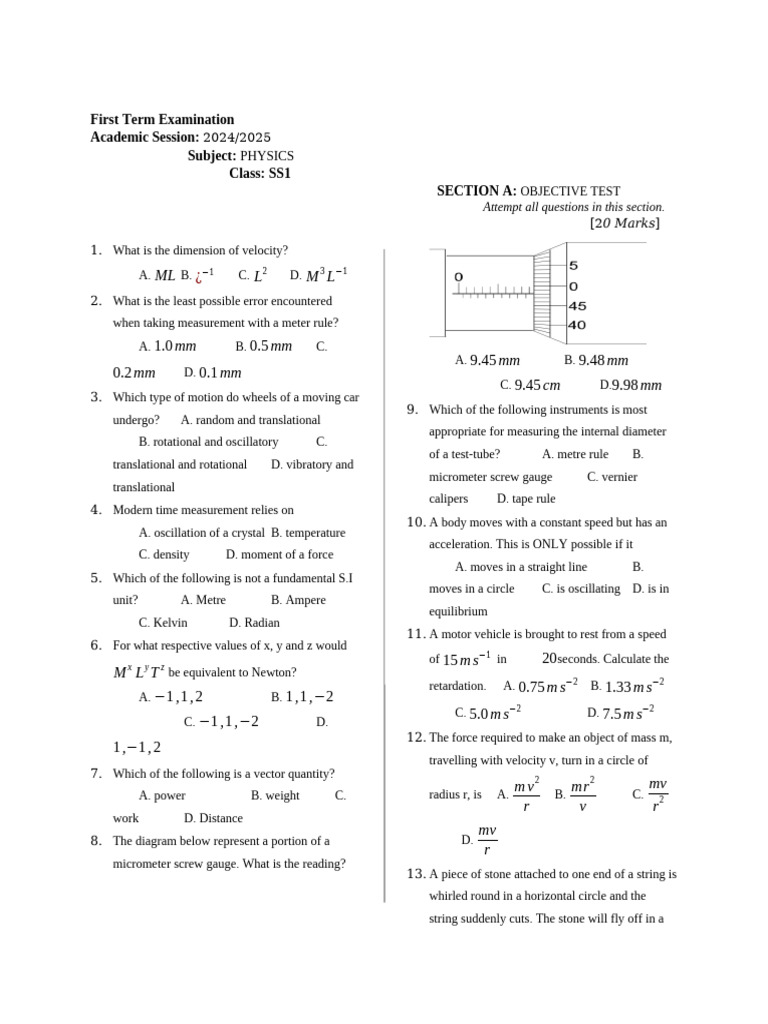 CRSS 2024 SS1 PHYSICS EXAM 1st TERM | PDF | Force | Velocity