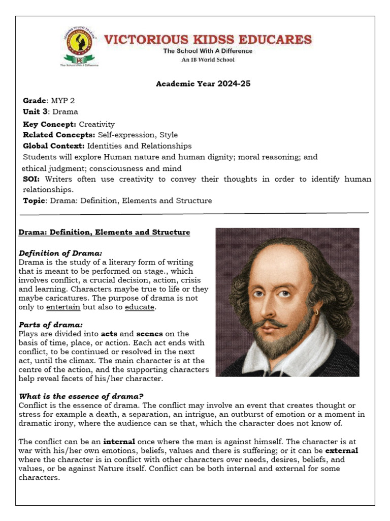 MYP 2 Unit 3 Drama Definition Elements Structure Handouts 2024 | PDF ...