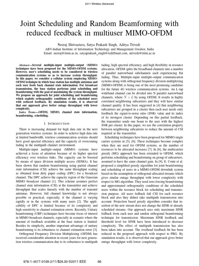 Joint Scheduling and Random Beamforming With Reduced Feedback in Multiuser MIMO-OFDM | PDF ...