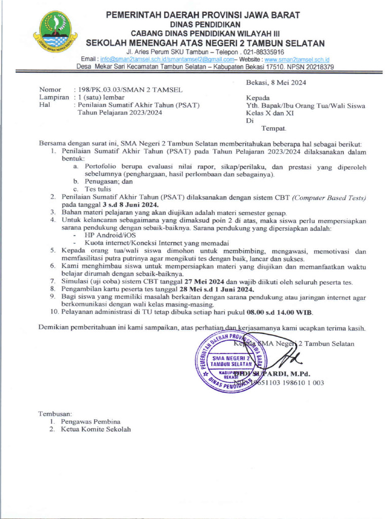 Edaran Ortu - Psat 2023-2024 | PDF