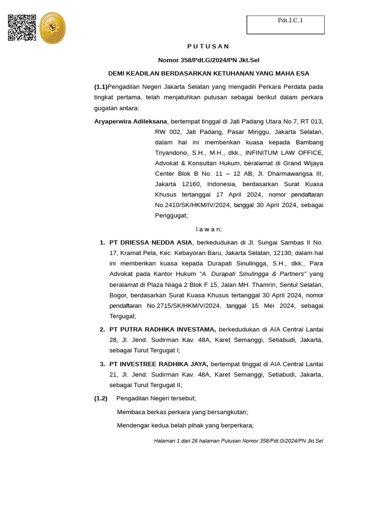 Putusan 358 PDT.G 2024 PN JKT - Sel 20241117142433 | PDF