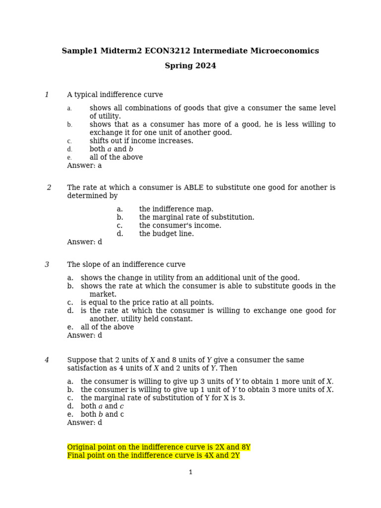 Sample1 Midterm2 Questions ECON3212 SP2024 | PDF | Economic Theories | Economics