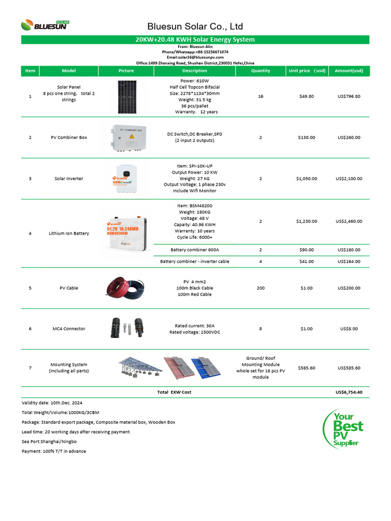 20KW + 20.48KWH Solar System Quotation-Bluesun Allen | PDF ...