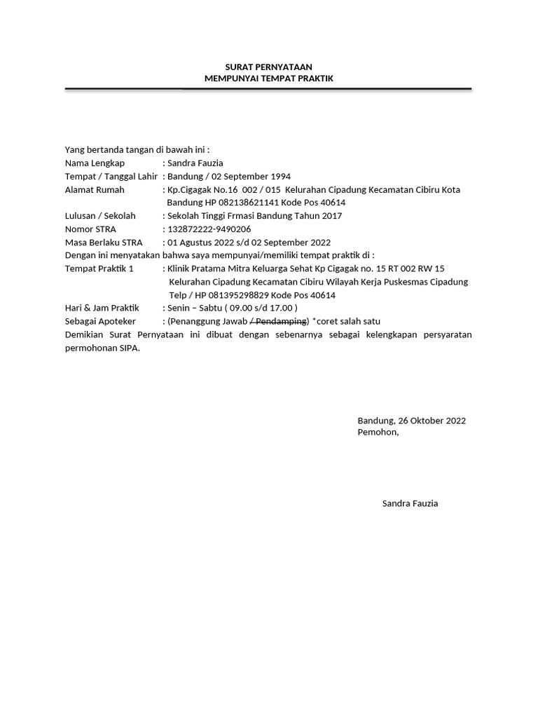 Surat Pernyataan Tempat Praktik Apoteker | PDF