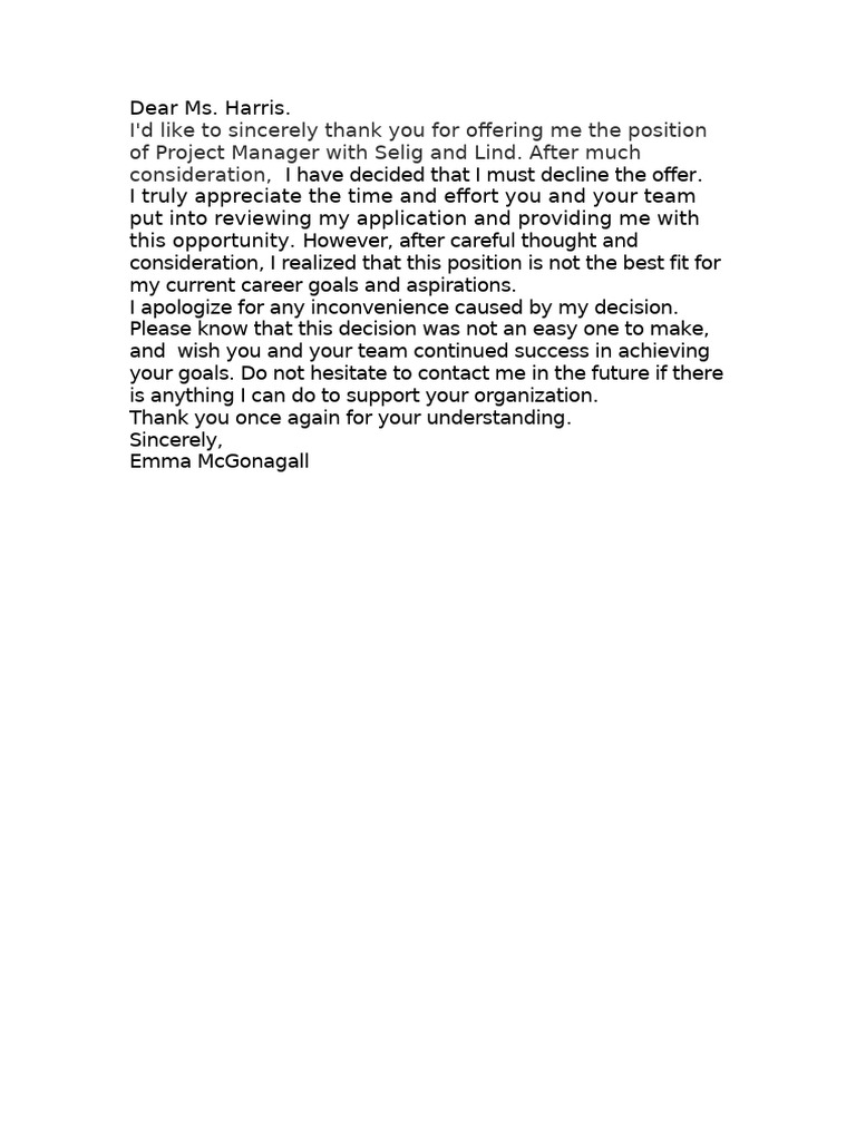 Project Manager Offer Decline Letter | PDF
