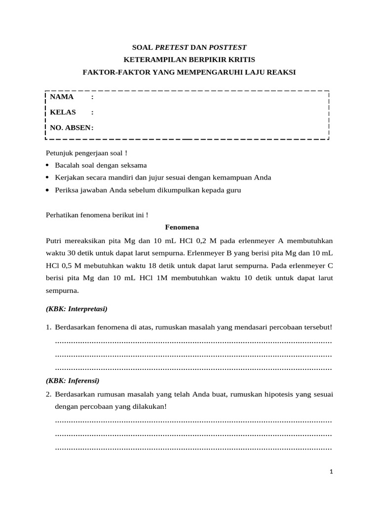 Lembar Soal Pretest Dan Posttest | PDF