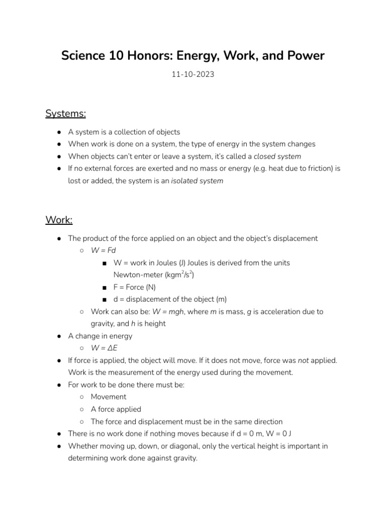 Science Honors - Energy, Work, and Power | PDF | Force | Mechanics
