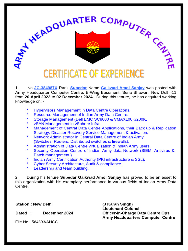 Experience Certificate Sub Gaikwad Amol | PDF