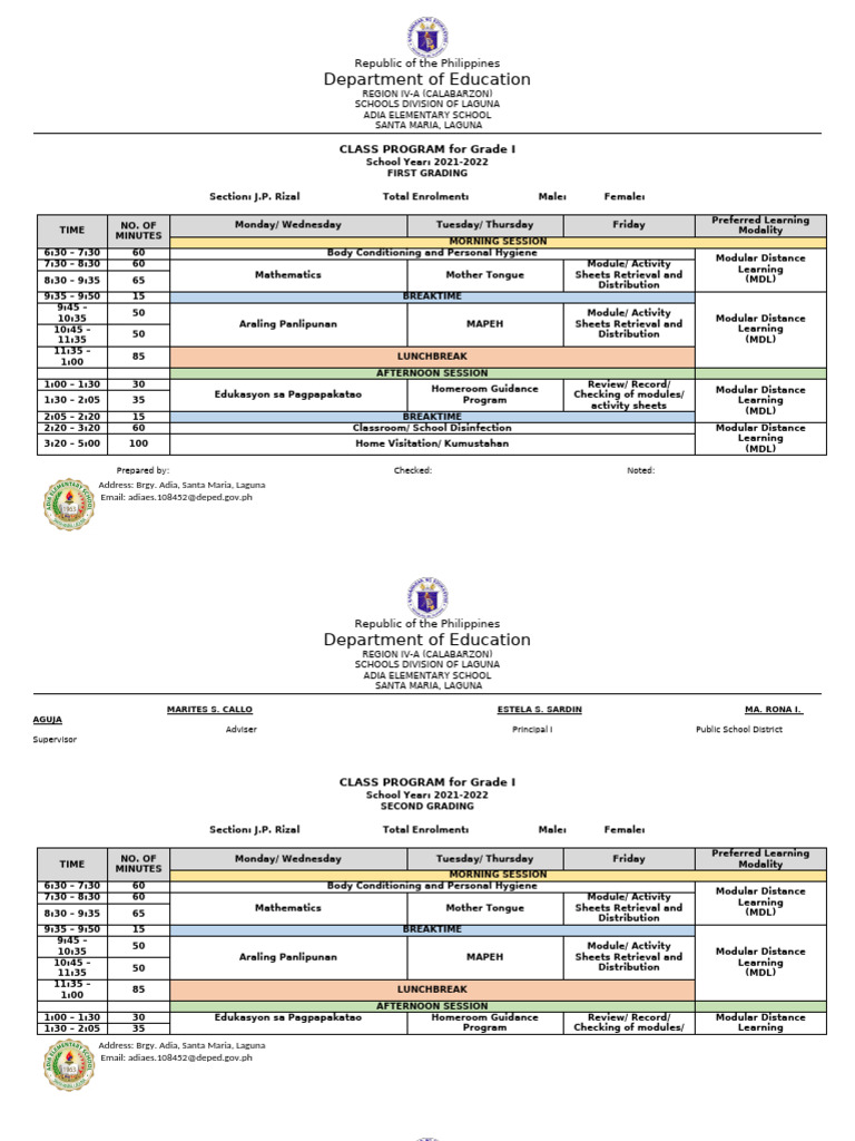Grade 1 Classprogram Sy2021 2022 | PDF