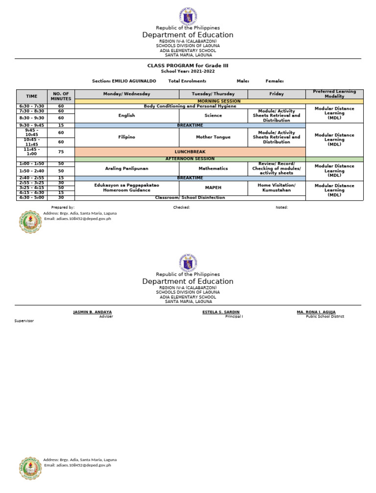Grade 3 Class Program Sy 2021 2022 | PDF | Philippines