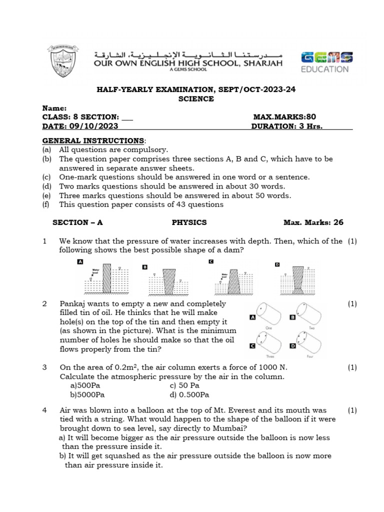 Grade 8 Science Half-Yearly Exam Paper | PDF | Pressure | Balloon