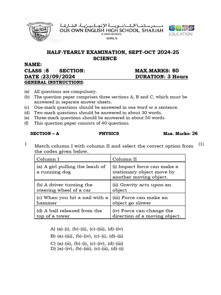 Grade 8 Science Half-Yearly Exam Paper | PDF | Force | Nylon