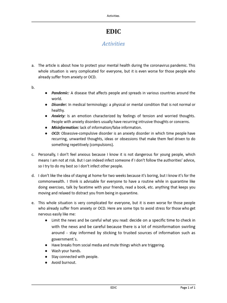 Activities | PDF | Obsessive–Compulsive Disorder | Anxiety