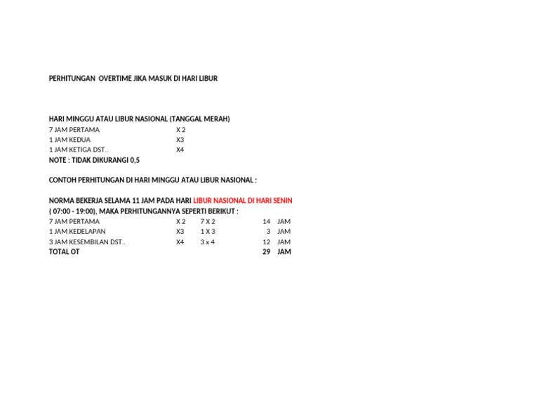 Perhitungan Overtime Jika Masuk Di Hari Libur | PDF