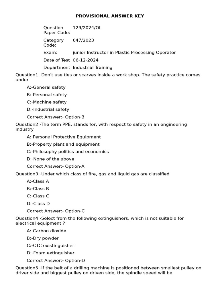 Provl Key 129-2024 JR Inst Plastic Processing Operator | PDF | Polymers ...