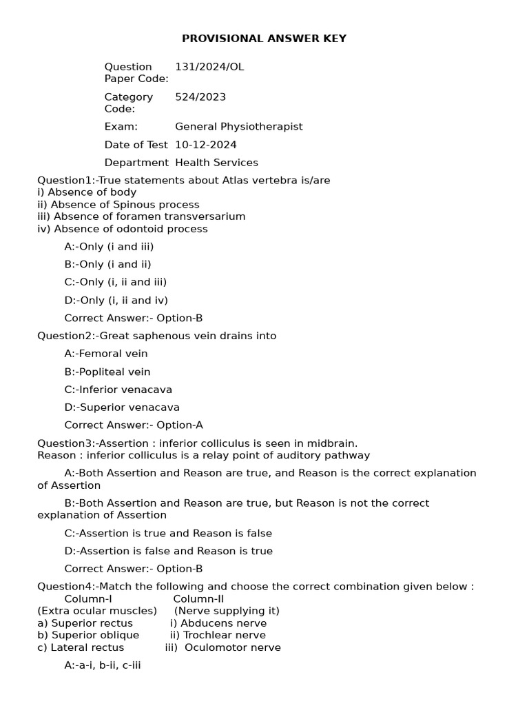 Physiotherapy Exam Answer Key | PDF | Atrium (Heart) | Kidney