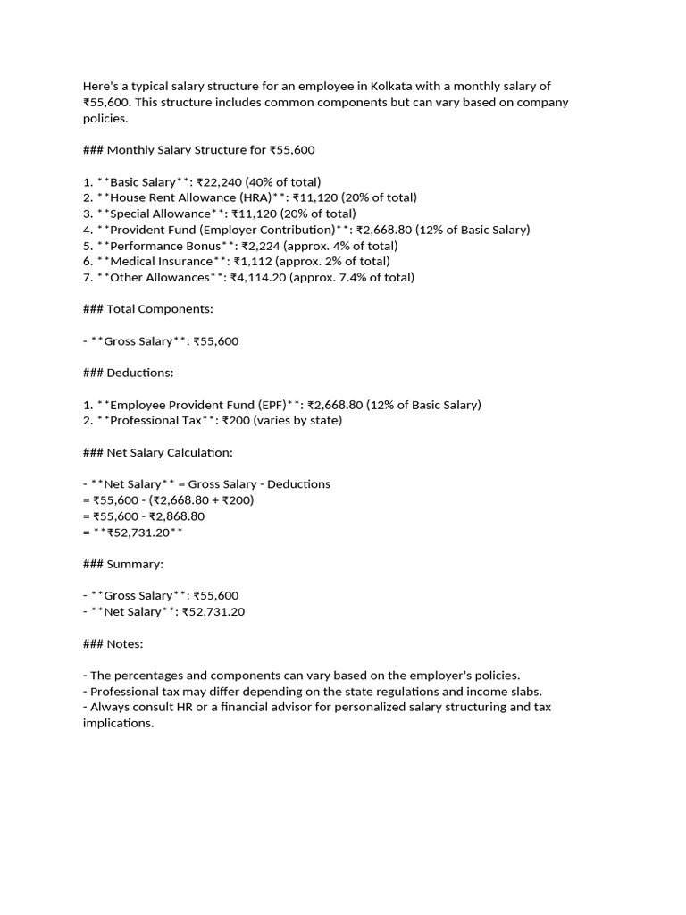 Kolkata Salary Structure Breakdown | PDF