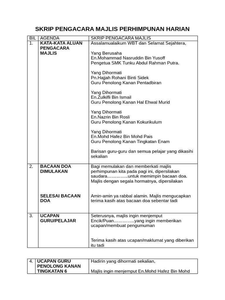 Skrip Pengacara Majlis Perhimpunan Harian | PDF