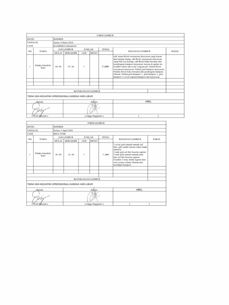 Contoh form lembur | PDF