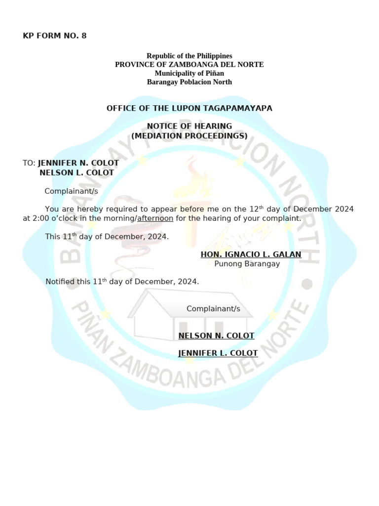 KP FORM NO 8 NOTICE OF HEARING COMPLAINANT | PDF KP FORM NO 8 NOTICE OF HEARING COMPLAINANT | PDF