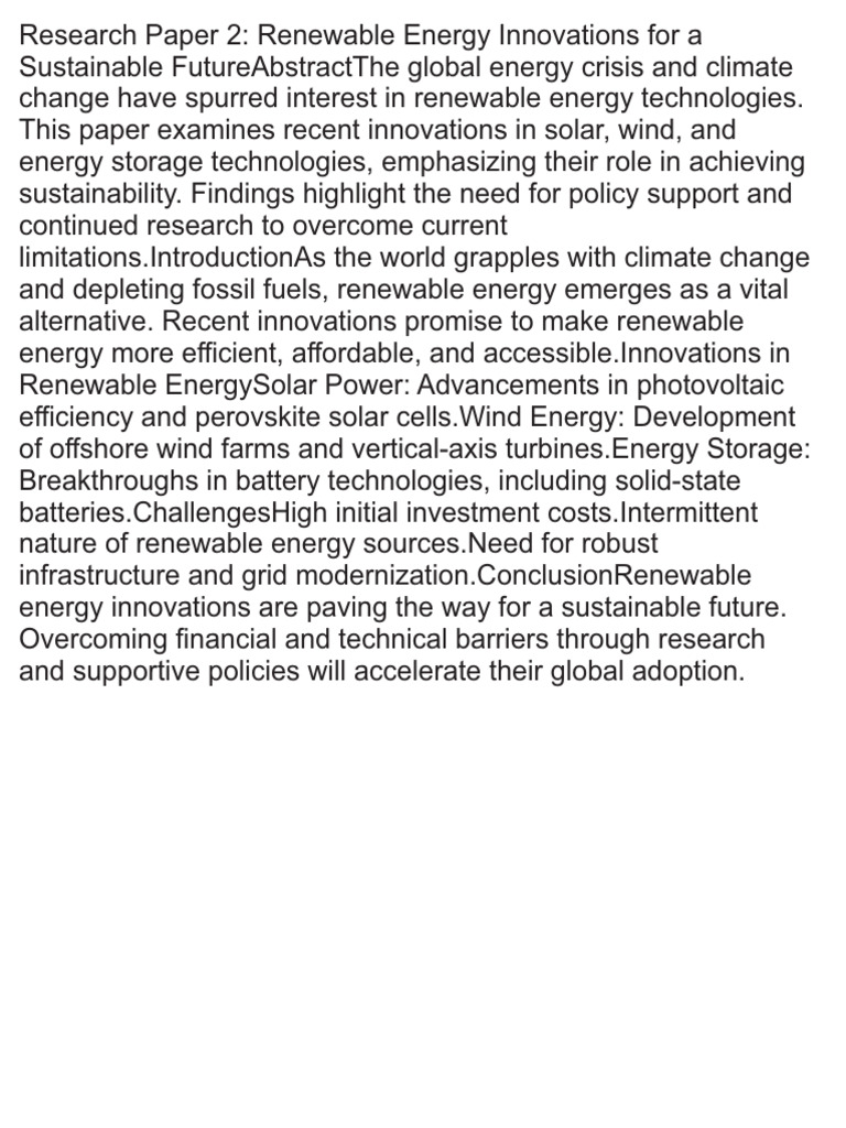 Research Paper 2 Renewable Energy Innovations For A Sustainable Future ...