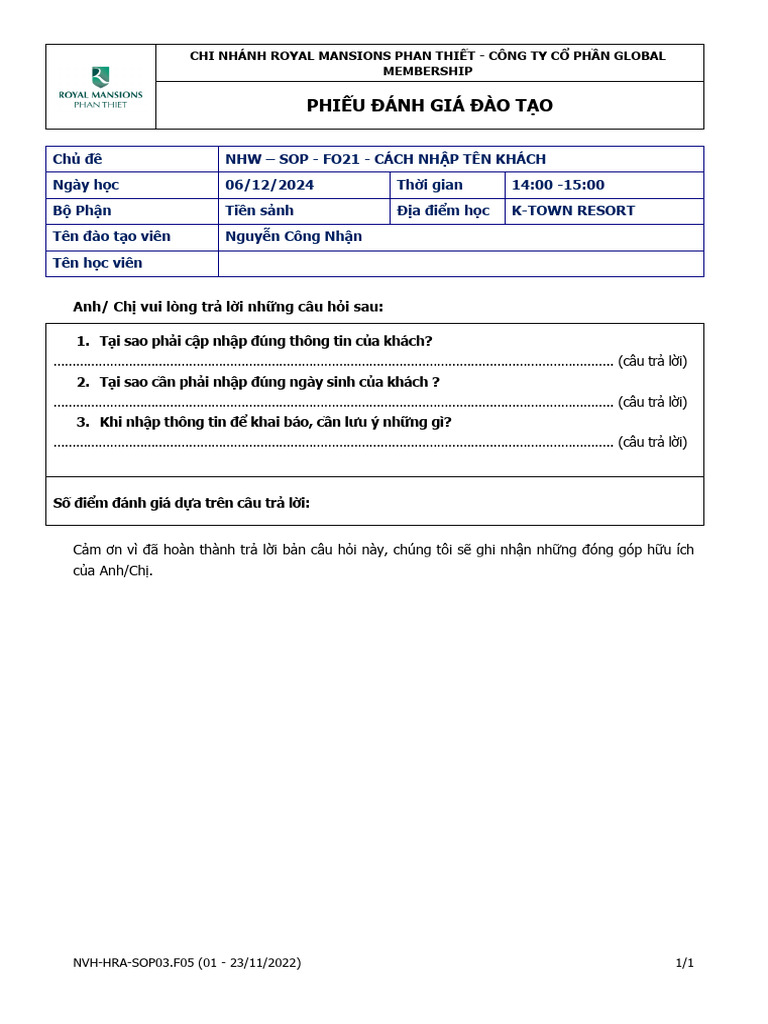 241206-Rympt-sop Fo21-Phieu Danh Gia Dao Tao Form | PDF