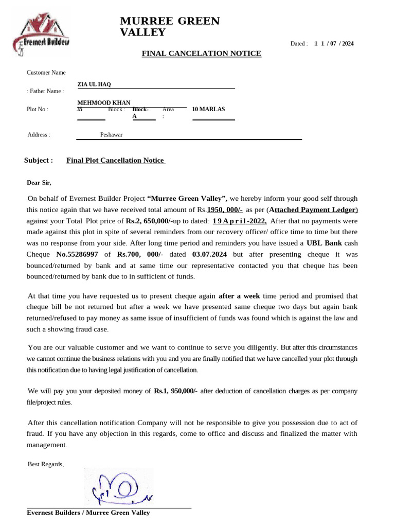 35 Zia Ul Haq Plot Cancellation Notice | PDF