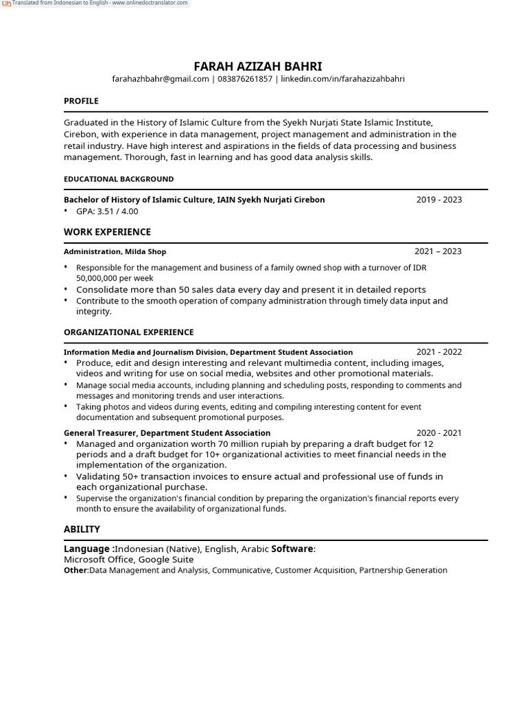 CV - Farah Azizah Bahri - Id.en | PDF | Social Media | Popular Culture & Media Studies