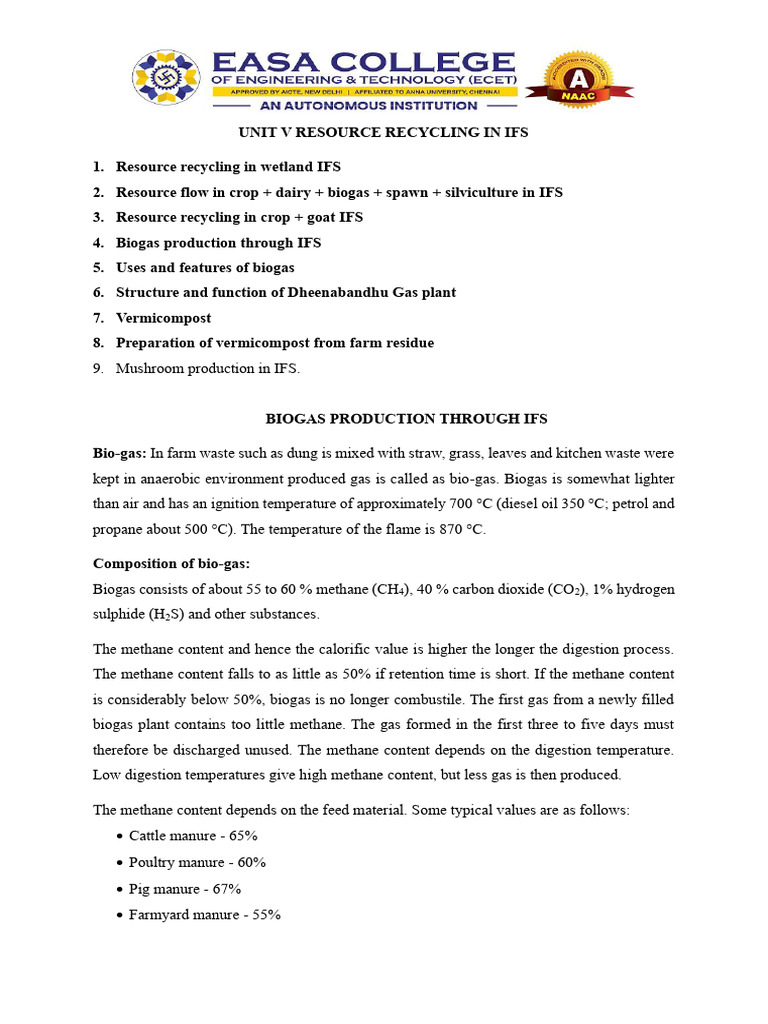 Unit V Resource Recycling in Ifs | PDF | Biogas | Soil