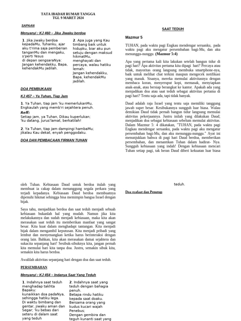 Tata ibadah Rumah Tangga 9 Maret 2024 Saat Teduh | PDF