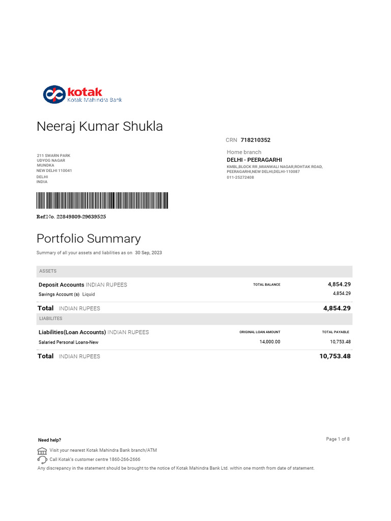 Kotak Mahindra Bank Account Summary | PDF | Banks | Cheque