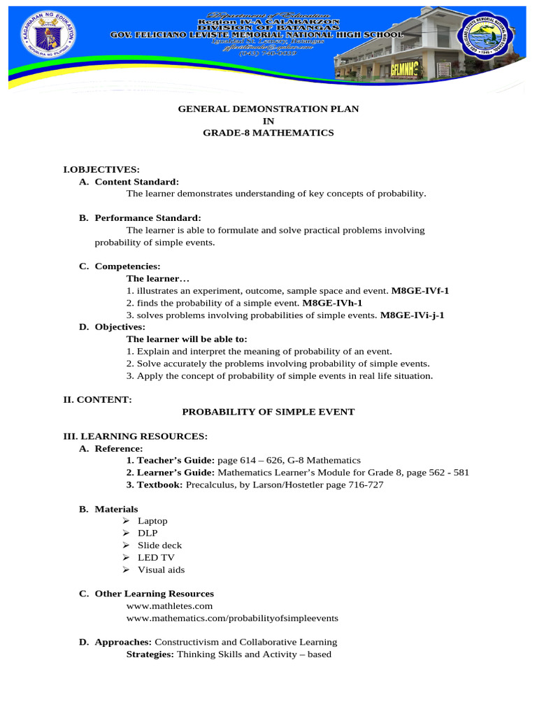 Grade 8 Probability Demonstration Plan | PDF | Learning | Probability