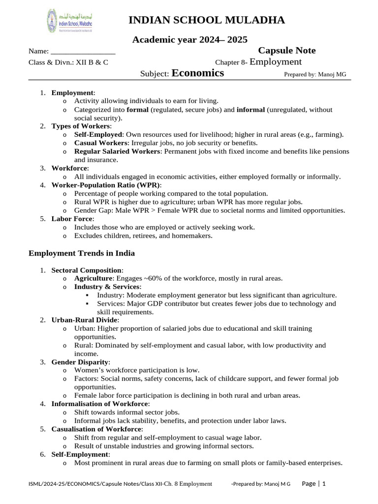 Capsule Note IED CH 8 Employment | PDF | Unemployment | Employment