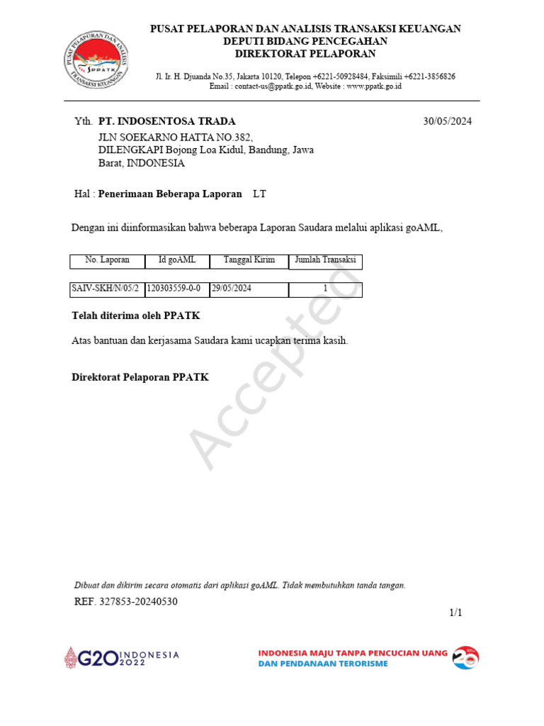 TANDA TERIMA LAPORAN PPATK MEI 2024 - 1 | PDF