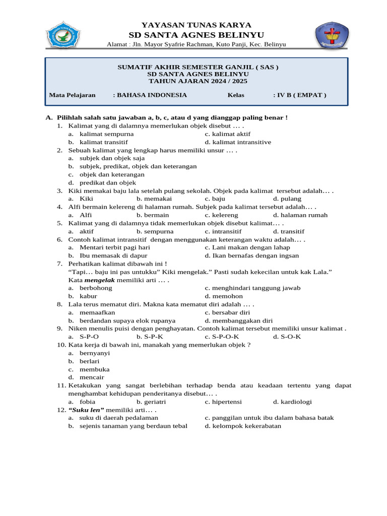 SOAL SAS GANJIL BAHASA INDONESIA KELAS 4 | PDF