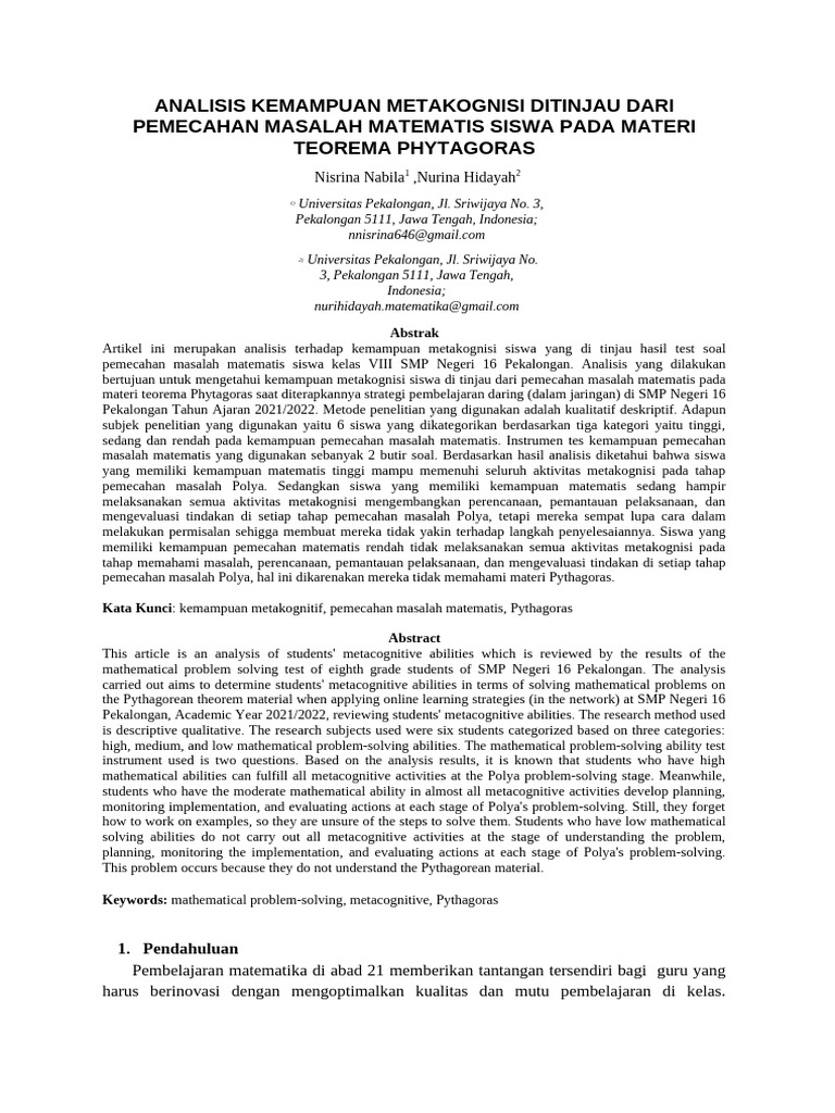 Analisis Kemampuan Metakognisi Ditinjau Dari Pemecahan Masalah ...