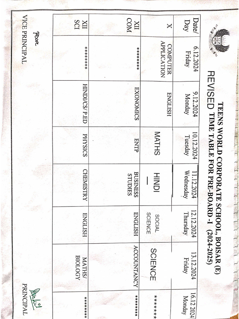 Pre - Board Time Table | PDF