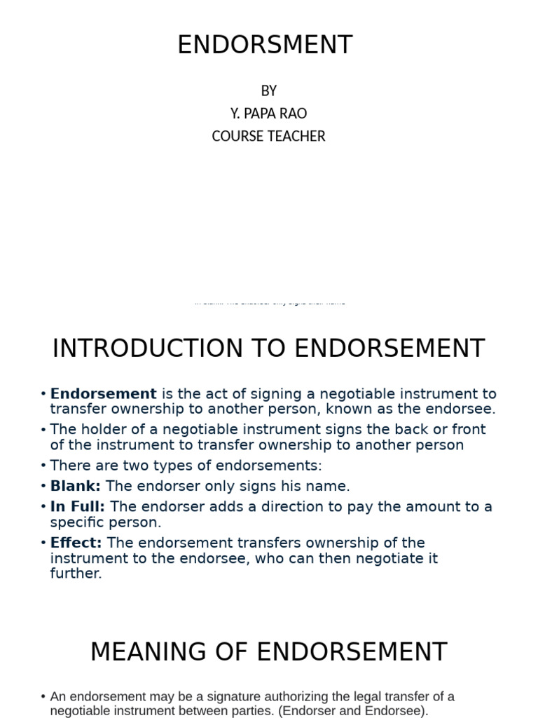 ENDORSEMENT | PDF | Negotiable Instrument | Money