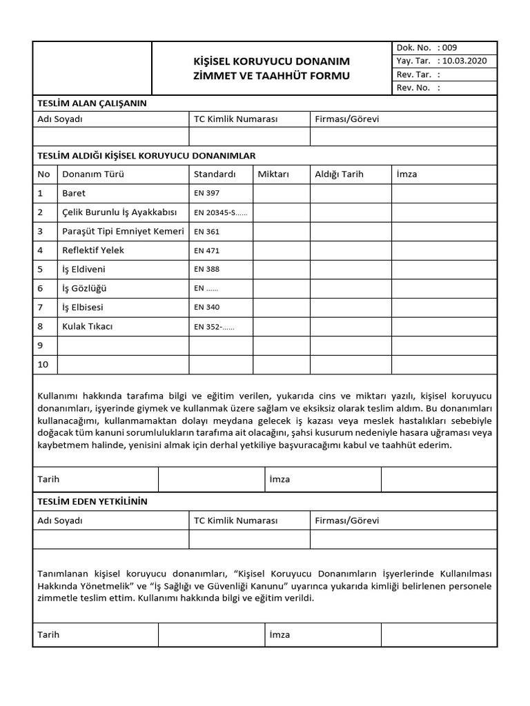 FRM 009 Ki̇şi̇sel Koruyucu Donanim Zi̇mmet Ve Taahhüt Formu | PDF