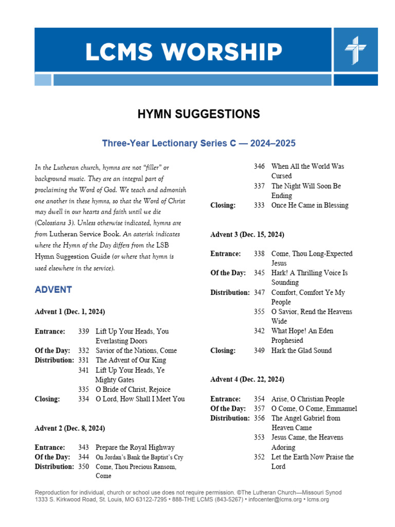Hymn Suggestions for LCMS Year C 2024-2025 | PDF | Jesus | Religious ...
