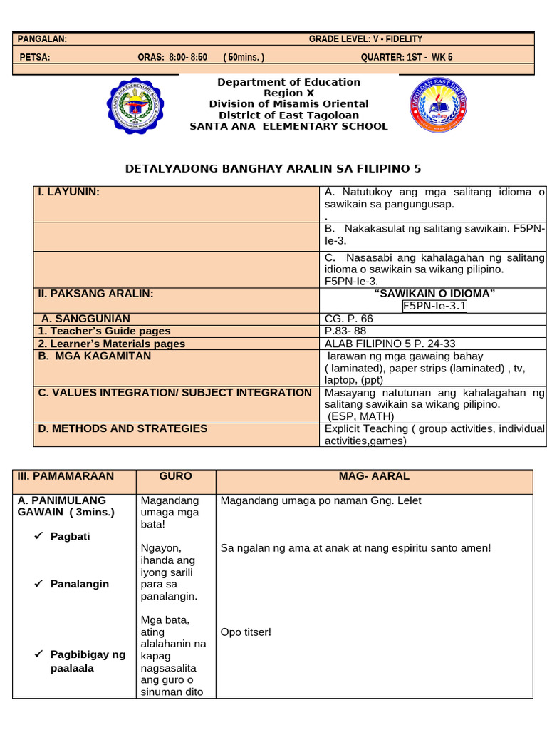 Detalyadong Banghay Aralin Sa Filipino-5 | PDF