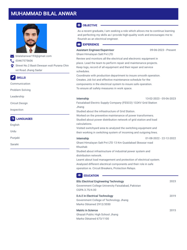 Bilal Anwar Updated CV | PDF | Electrical Substation | Electrical Engineering