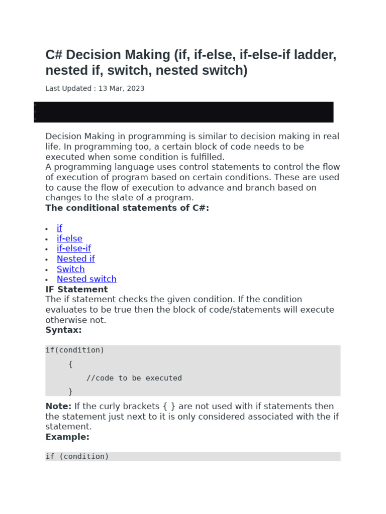 C# Decision Making Conditional and Looping Construct | PDF | C Sharp (Programming Language ...