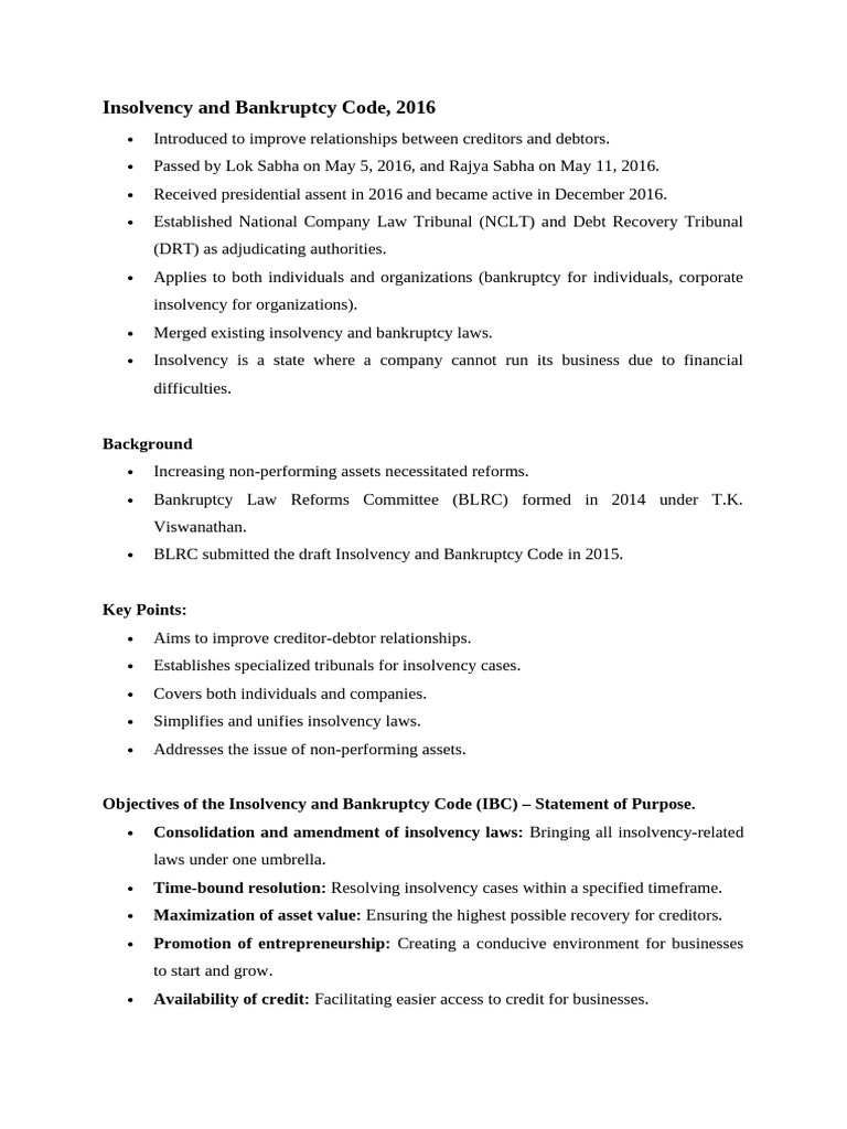 IBC Brief overview | PDF | Bankruptcy | Insolvency