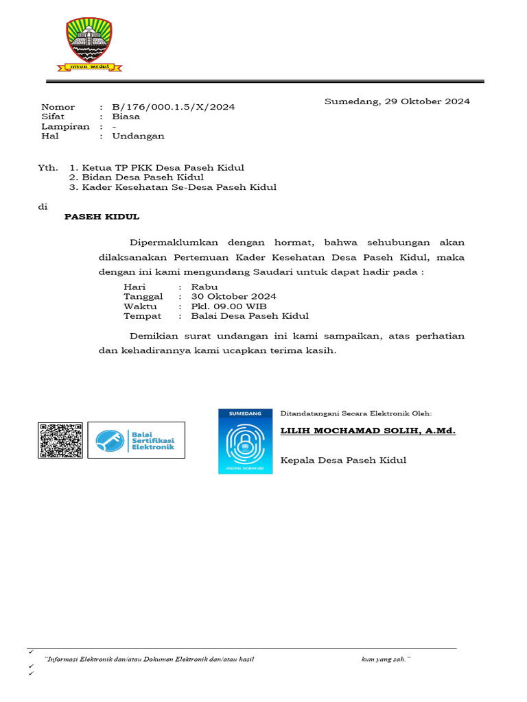 Surat Undangan Pertemuan Kader | PDF