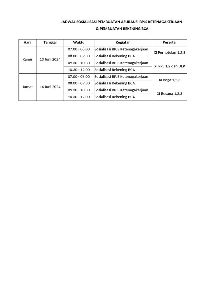 Jadwal Sosialisasi Bpjs Dan Rek Bca | PDF