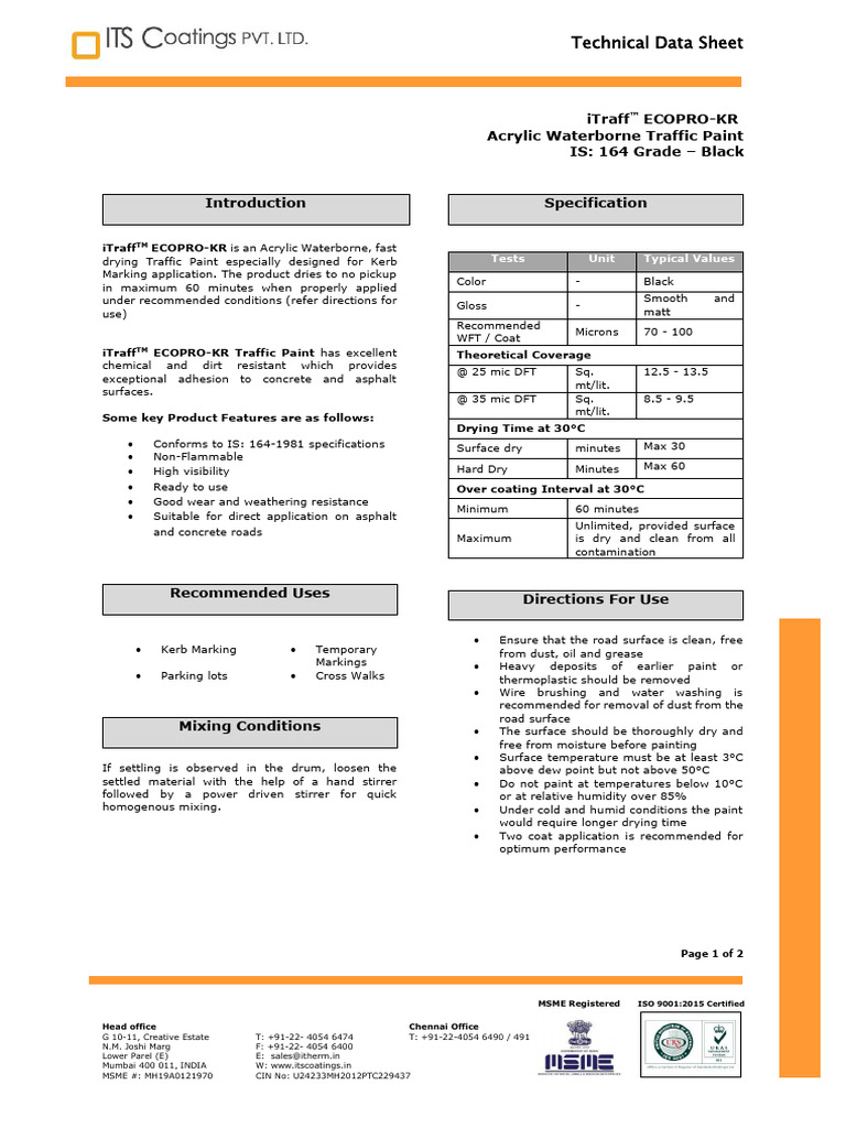 Tds - Itrafft Ecopro-Kr Is 164 Grade WBP Traffic Paint - Black (Itsc-P-03210913w) | PDF | Paint ...